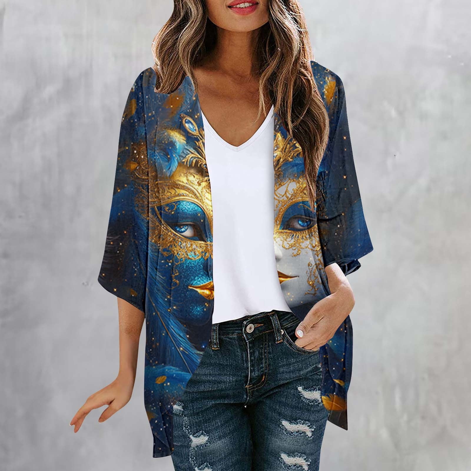 Dianli Beach Cover-up Sunscreen Women's Printed Chiffon 3/4-Sleeve ...