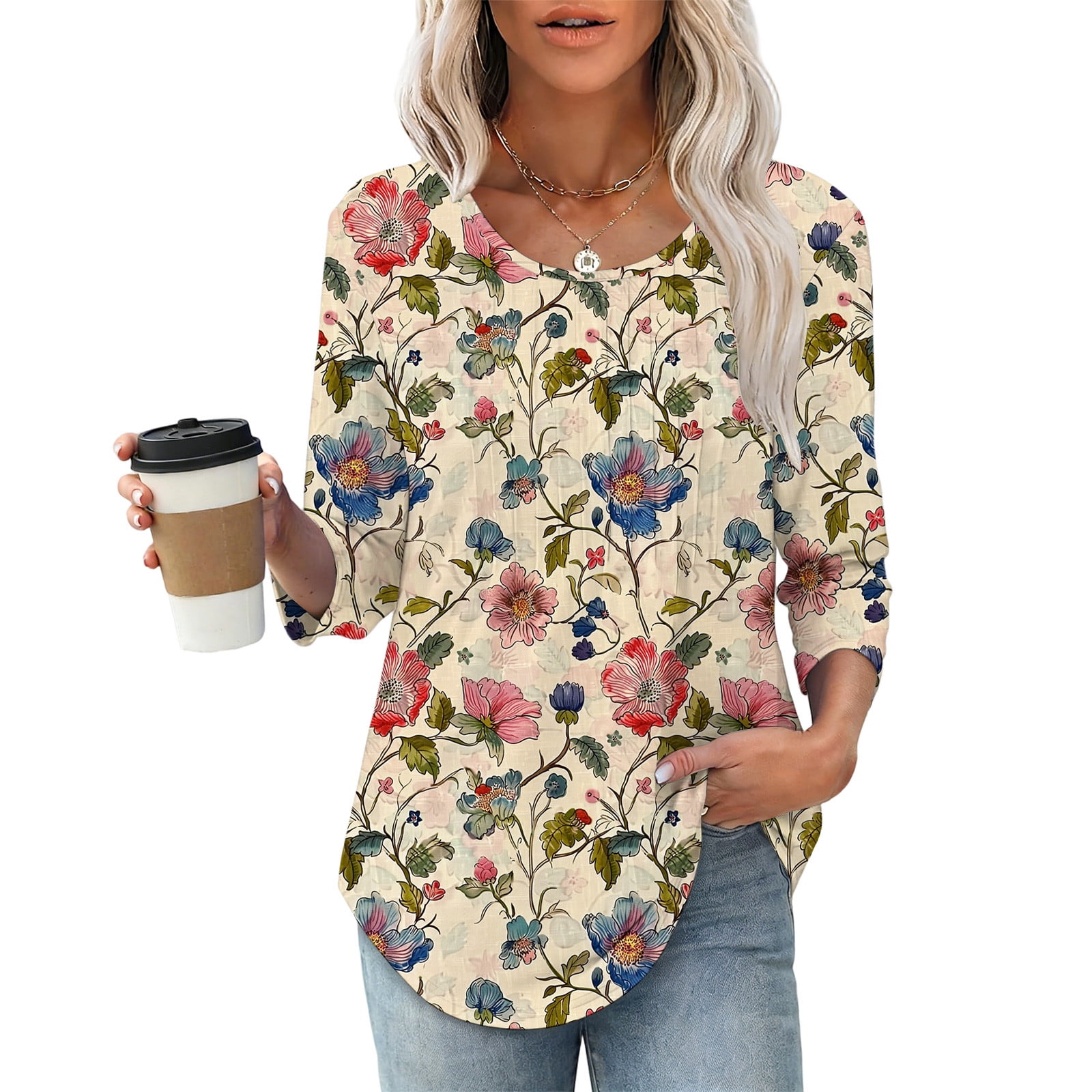Dianli Casual Tops Women's Pleated Printed 3/4-Sleeve Round-Neck Tunic ...