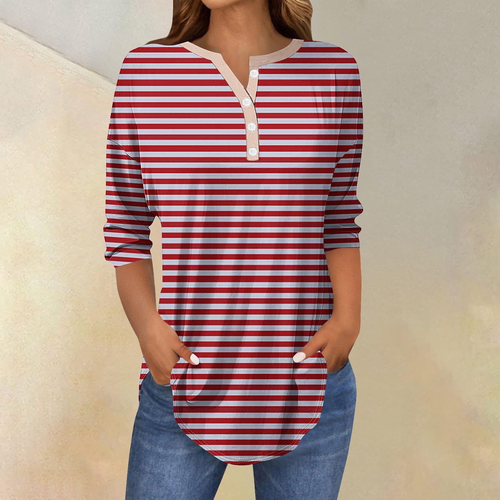Dianli Casual Women's Stripe Printed Blouse Button-Front 3/4 Sleeve ...