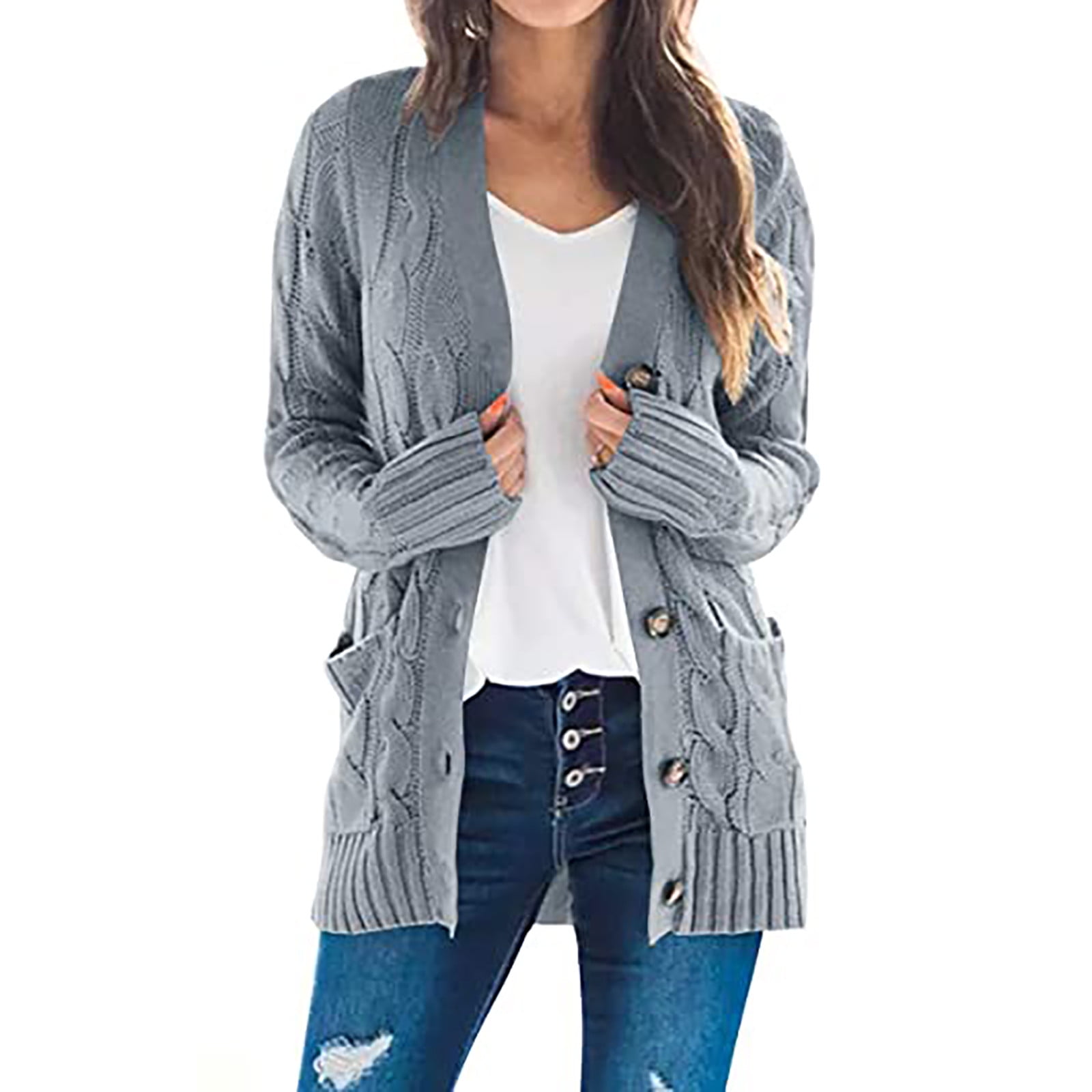 Dianli Chunky Cardigans for Women Casual Pockets Cable Knitted Open ...