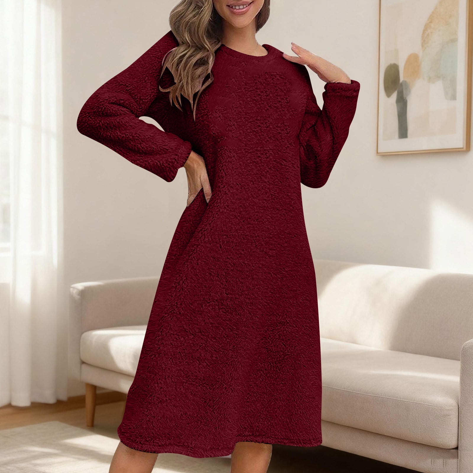 Dianli Cozy Loungewear Women's Thick Fleece Nightgown Pullover Dress ...