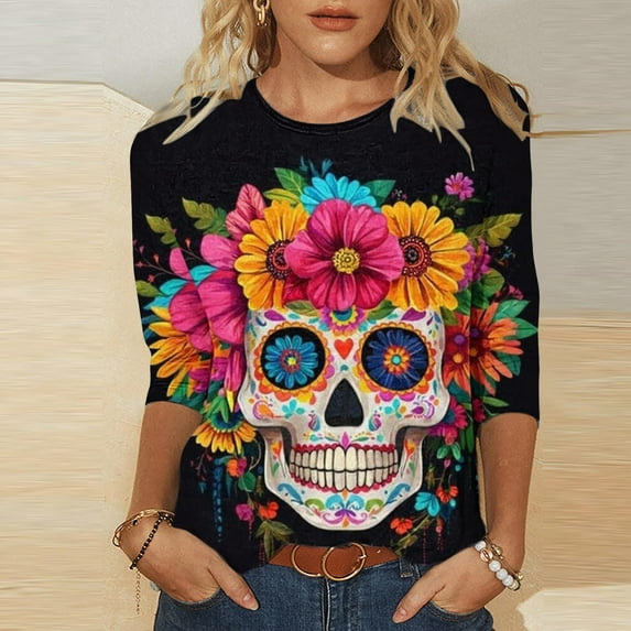 Dianli Day of the Dead Graphic Tee Women's 3/4-Sleeve Round-Neck Loose ...