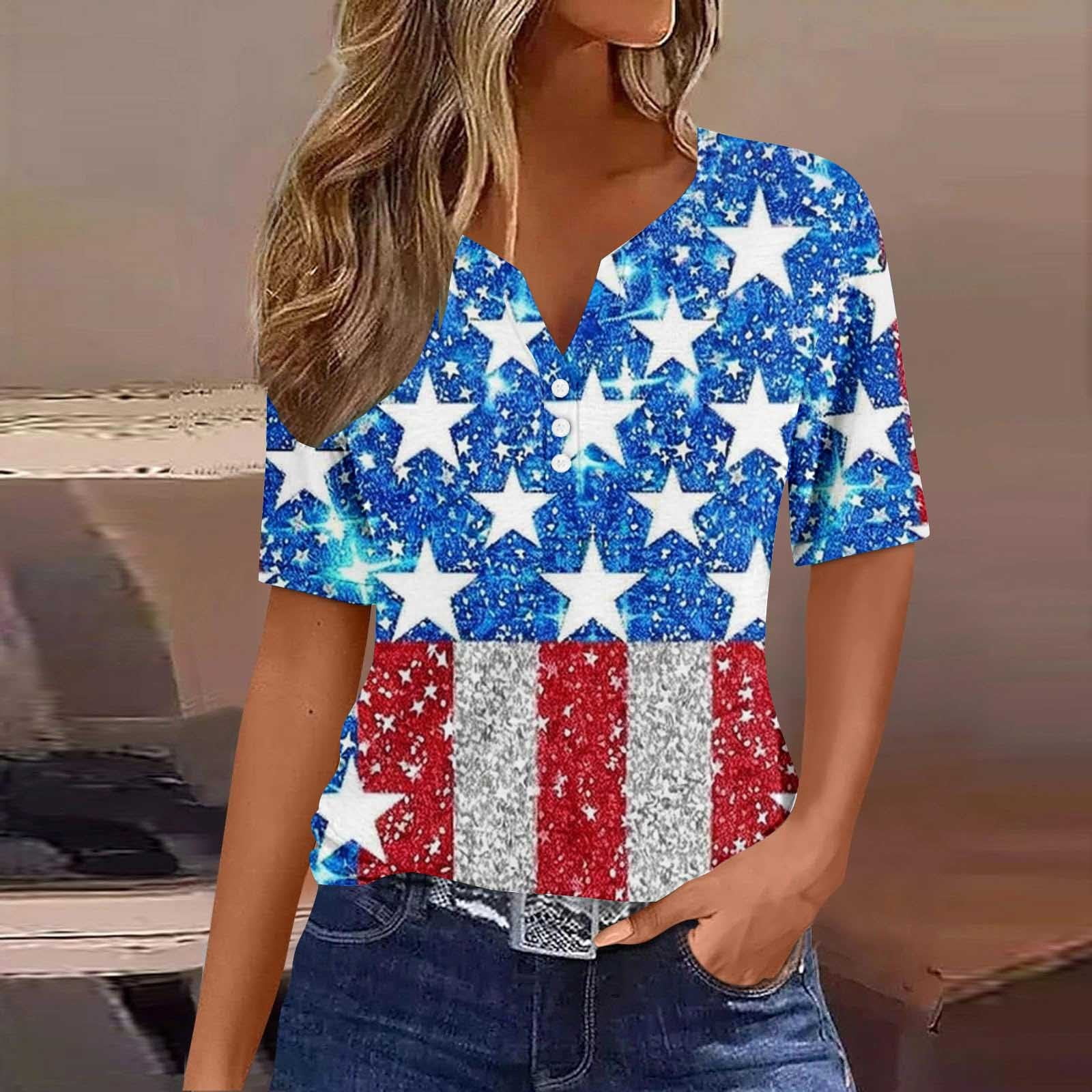 Dianli Funny USA Print Summer Tops for Women 2025 Button V Neck Basic ...