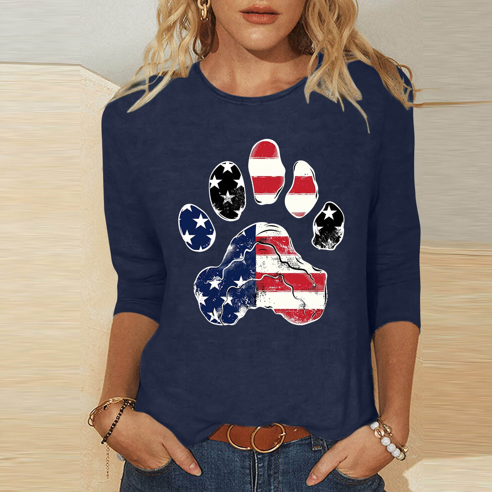 Dianli Funny USA Print Womens Summer Tops Off Shoulder V Neck Basic ...