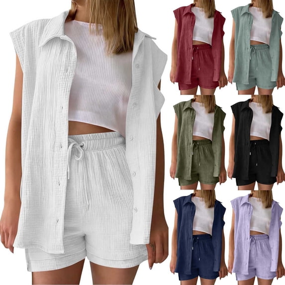 Dianli Gifts Ladies' Solid Color Sleeveless Button Blouse and Shorts ...