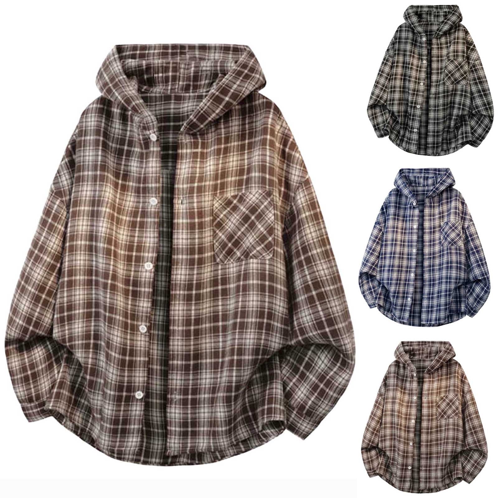 Dianli Gifts Men's Casual Hooded Checkered Button-Down Shacket Jacket ...