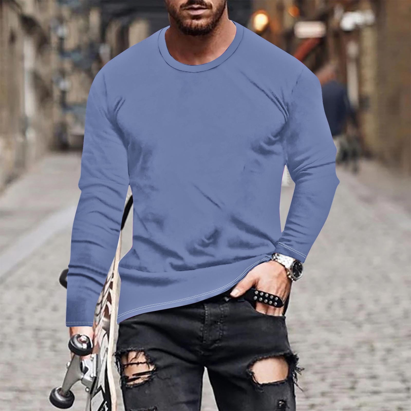 Dianli Gifts Men's Solid Color Long Sleeve Round Neck T-Shirt ...