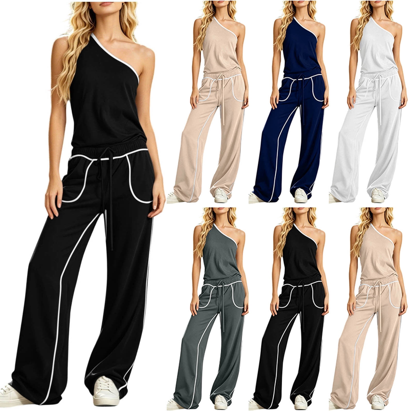 Dianli Gifts Women's Contrast Color Sleeveless Asymmetric Top and Wide ...
