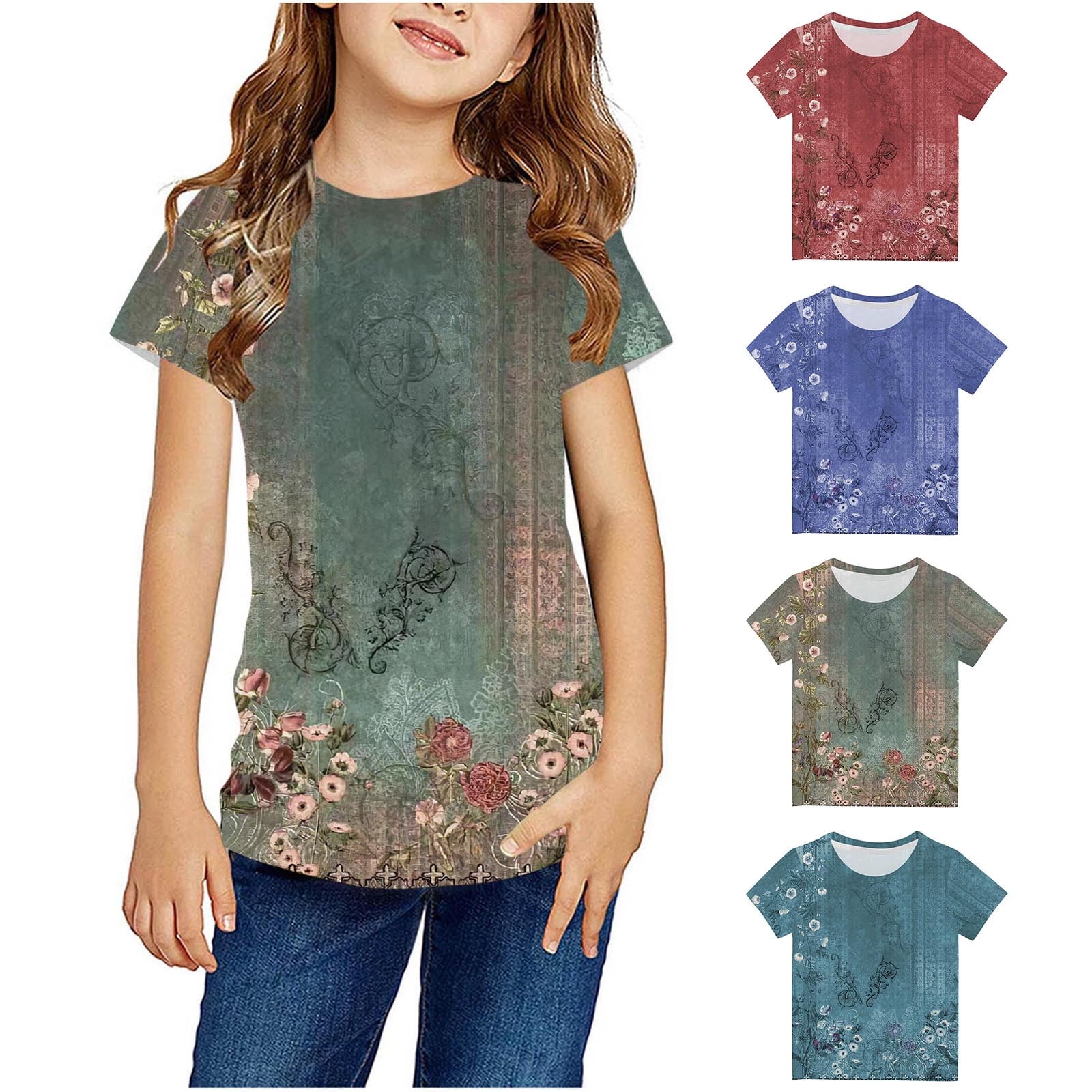 Dianli Girls Shirts Tunic Crew Neck Blouse Loose Fit Short Sleeve ...