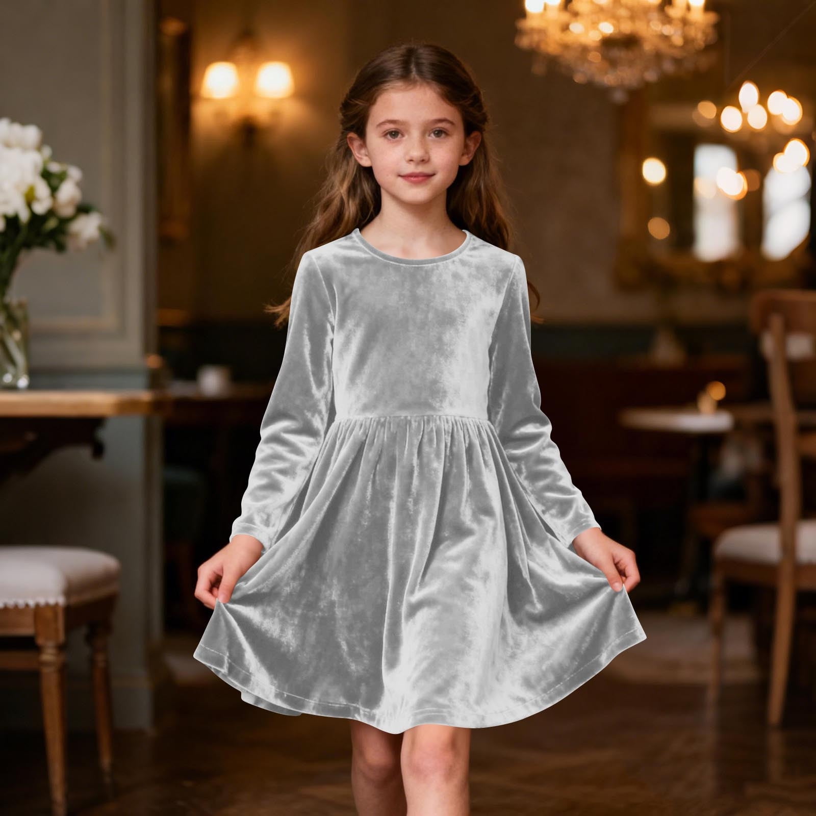 Dianli Girls Velvet Christmas Holiday Dress Elegant Long Sleeve Flared ...