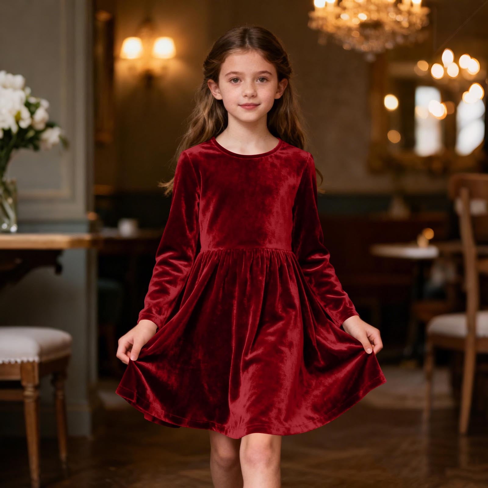 Dianli Girls Velvet Christmas Holiday Dress Elegant Long Sleeve Flared ...