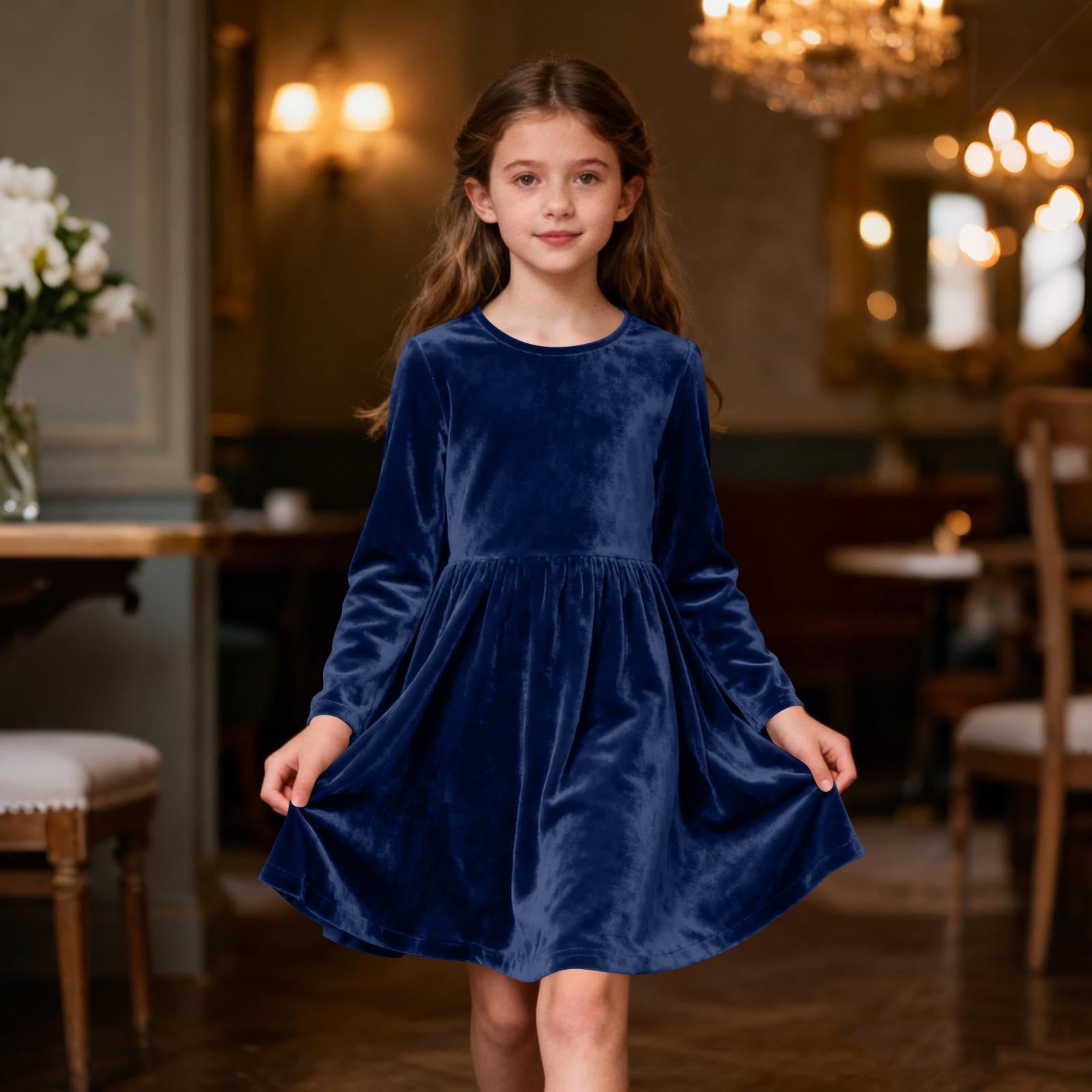 Dianli Girls Velvet Christmas Holiday Dress Elegant Long Sleeve Flared ...