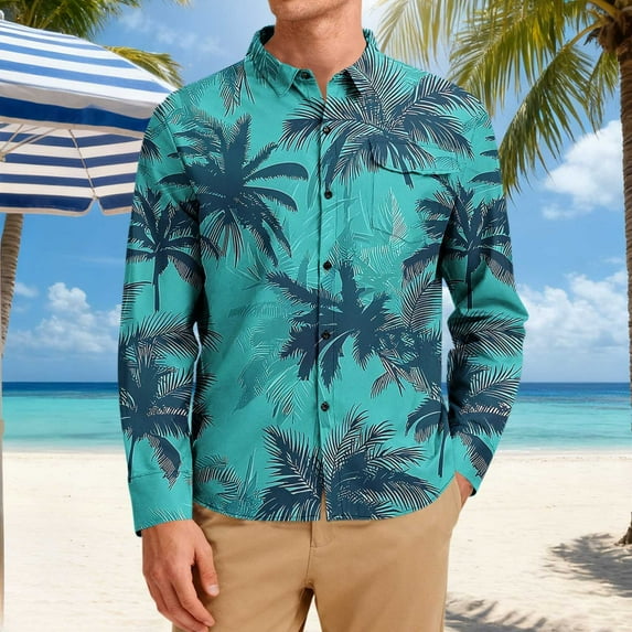 Dianli Hawaiian Beach Shirt Men's Aloha Print Lapel Button Chest Pocket ...