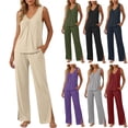 Dianli Ladies' Solid Color Sleeveless Ruched V-Neck Tank and Split ...