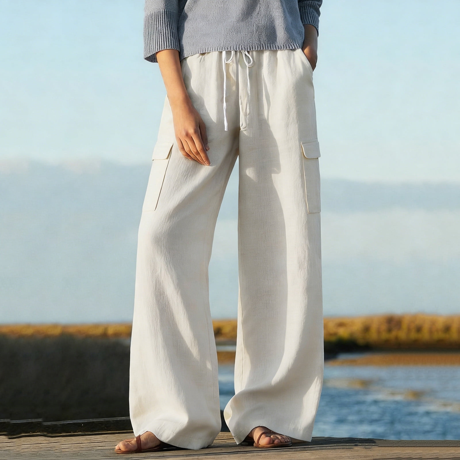 Dianli Linen Pants Women's Elastic-Waist Cotton-Linen Blend Straight ...