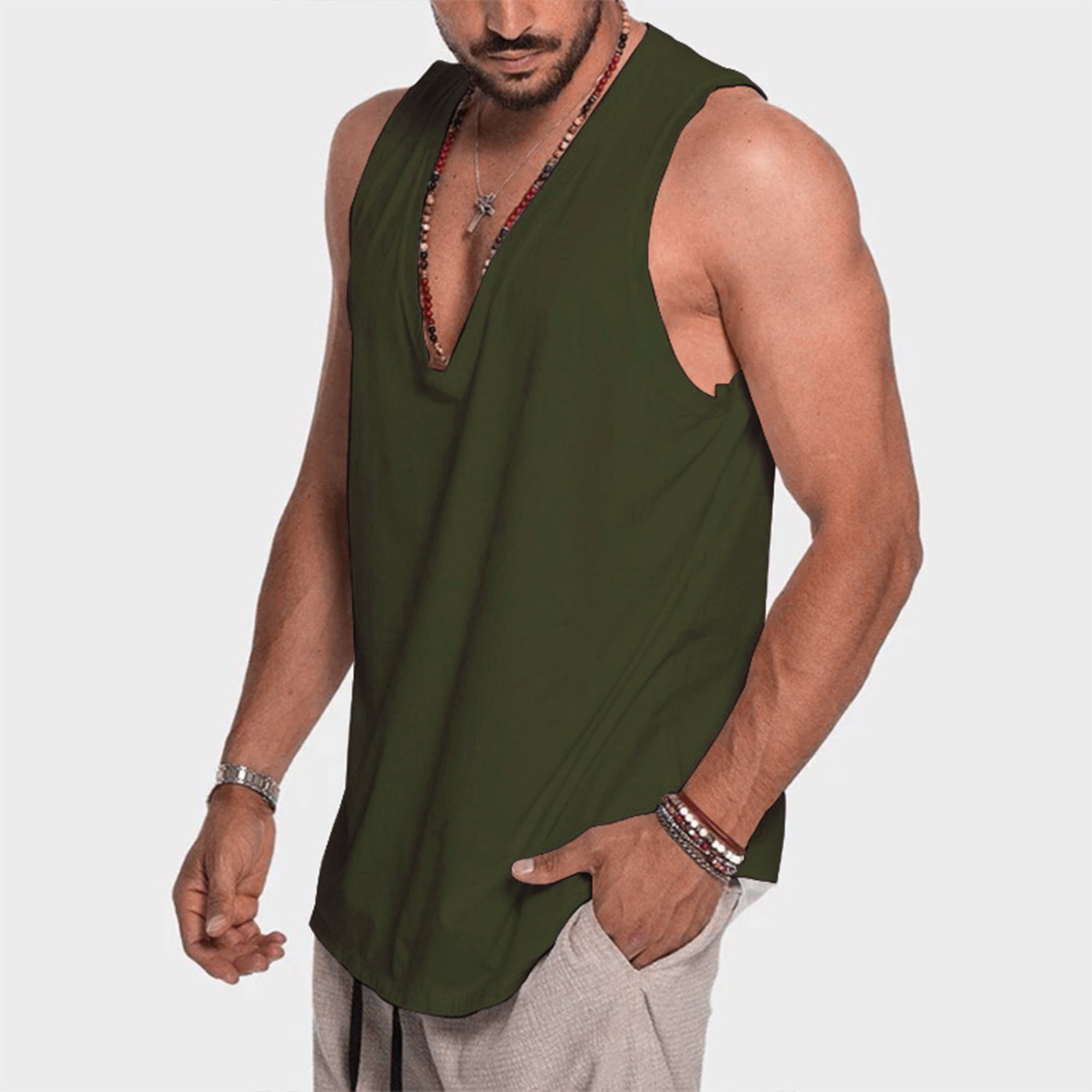 Dianli Men Workout Tank Top Tunic V Neck Basic Summer Beach Loose Fit Sleeveless Casual Solid ...
