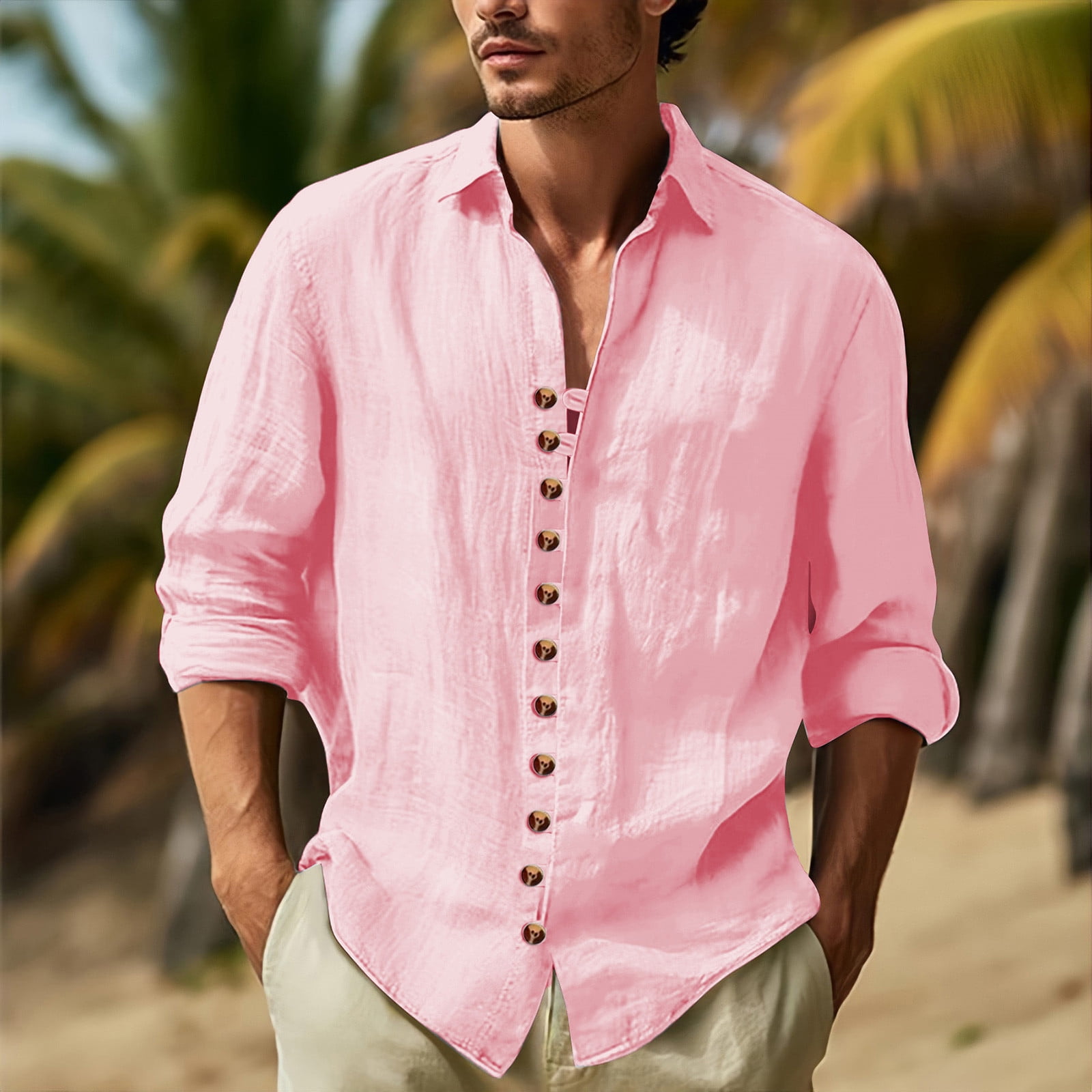 Dianli Men's Casual Long Sleeve Solid Color Button-Down Shirt Round ...