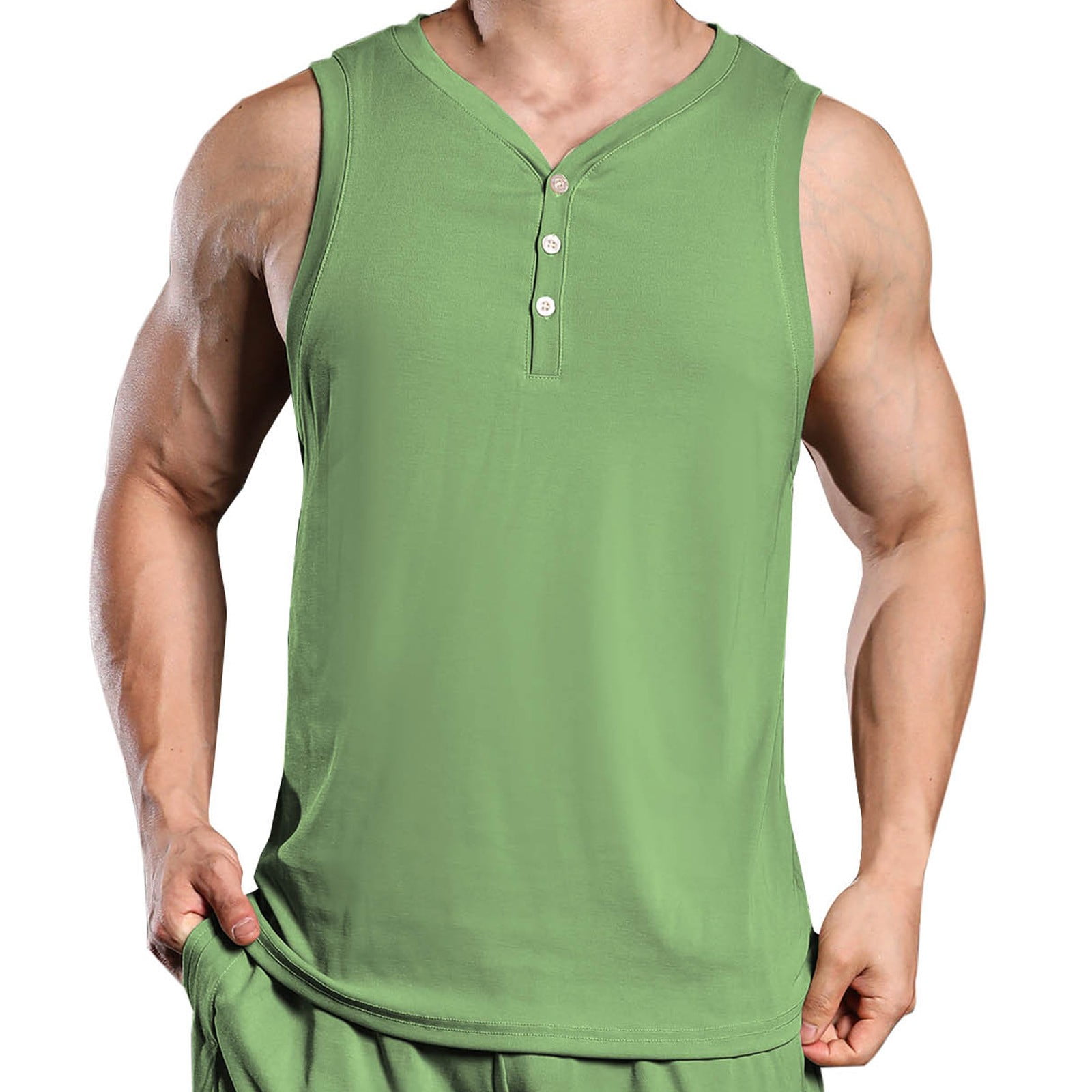 Dianli Men's Quick Dry Workout Tank Tops Button Crew Neck Summer Beach Vacation Stretch Waist ...