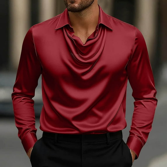 Dianli Men's Satin Dress Shirt Silk-Like Satin Long-Sleeve Lapel with ...