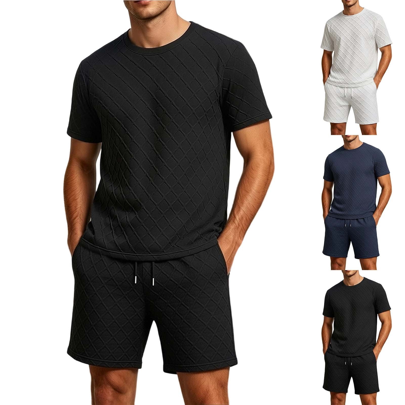 Dianli Men's Solid Color Round Neck Shorts and Short Sleeve Shirt Two ...