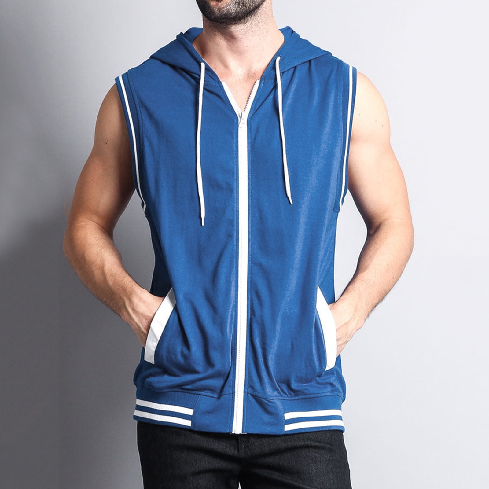 Dianli Men's Tank Tops Zip Up Crew Neck Summer Beach Pockets Sleeveless Hoodie Tank Tops Muscle ...