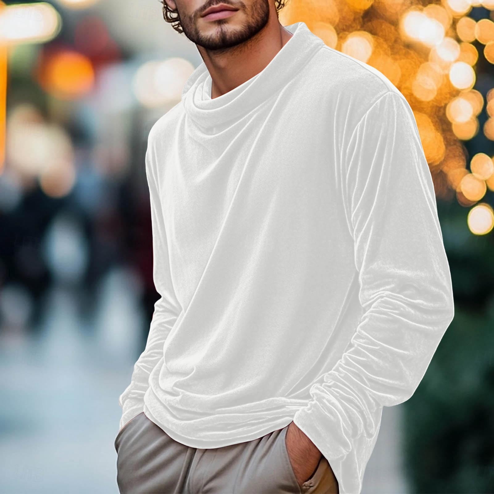 Dianli Mens Gold Velvet High-Neck Long Sleeve Elastic Top Stretch Slim ...