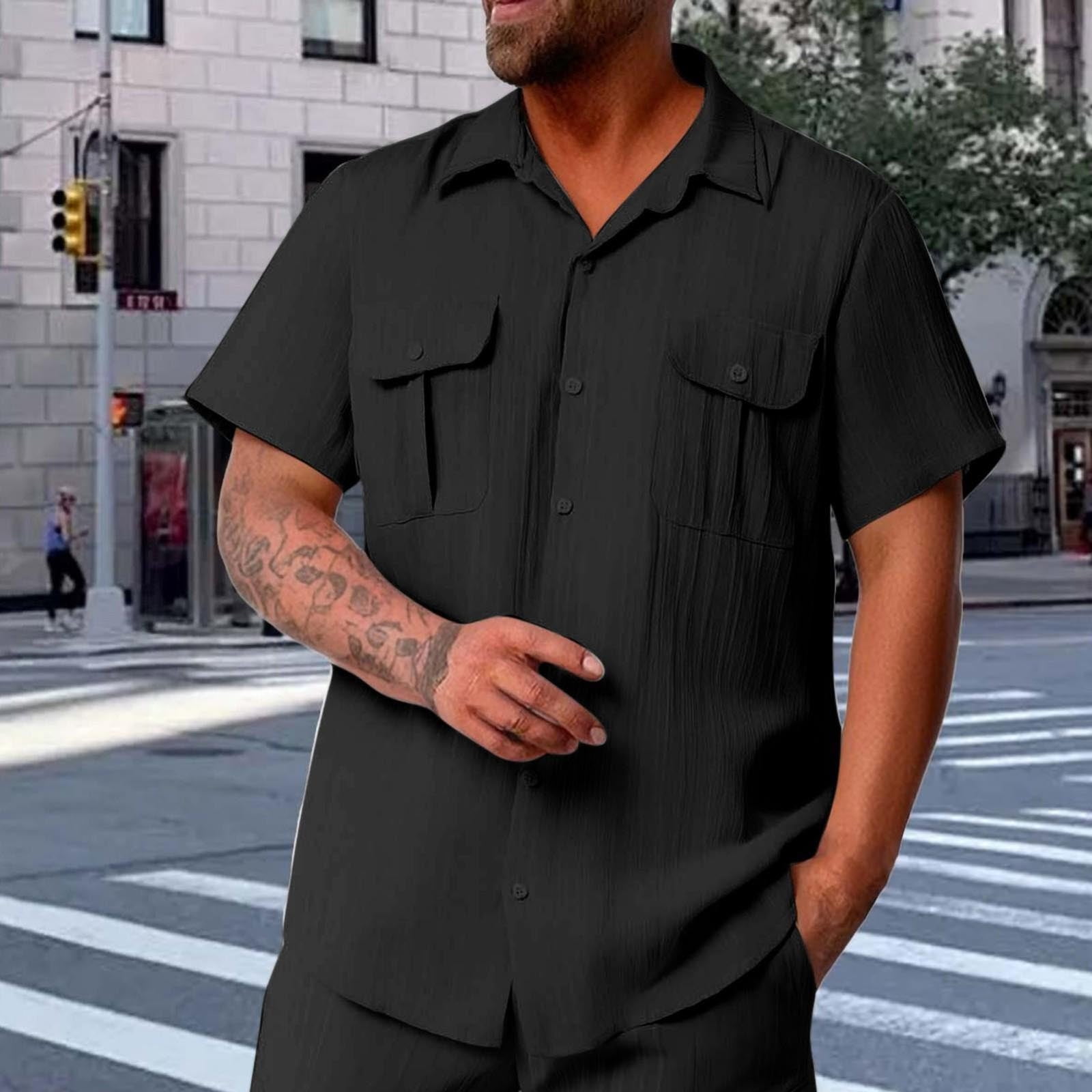Dianli Mens Short Sleeve Casual Button Down Shirt Solid Color Turn Down ...