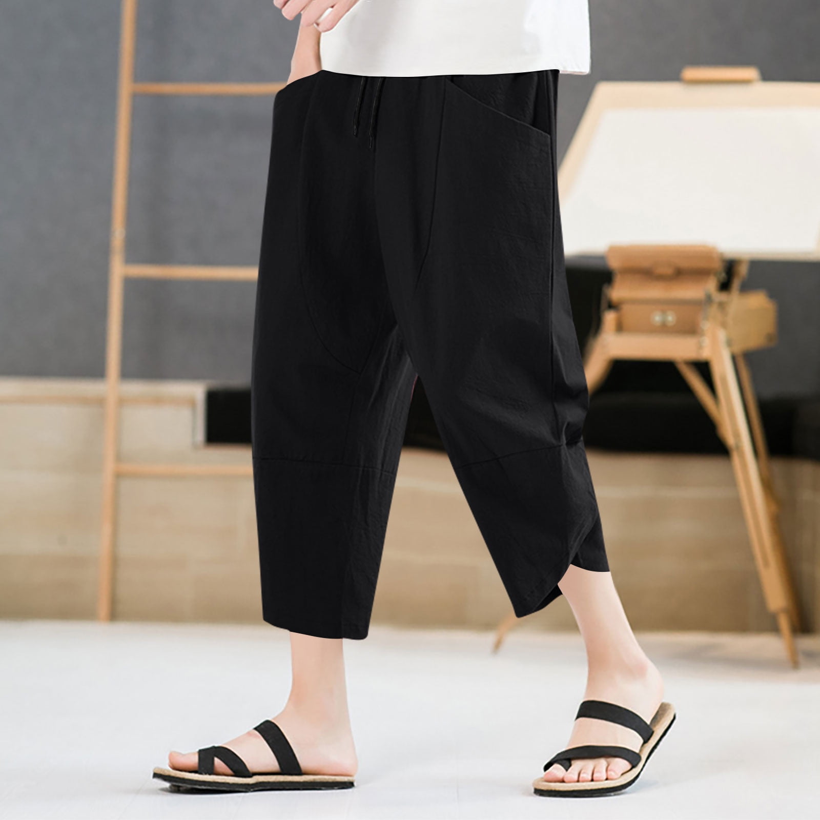 Dianli Mens Sweatpants Summer Capris Casual Cropped Pants Solid Color ...