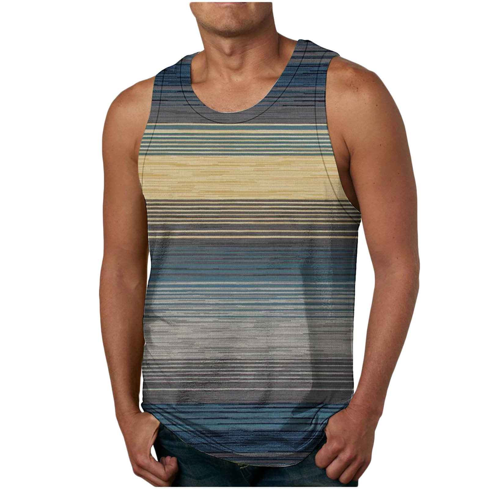 Dianli Mens Tank Top Gym Yoga Crew Neck Summer Beach Loose Fit Sleeveless Pullover Stripped Tank ...