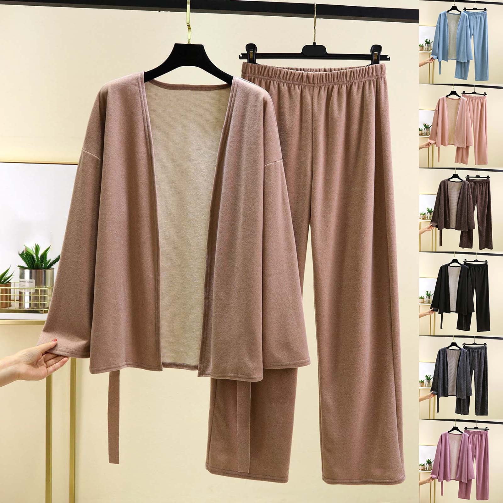 Dianli PJs Loungewear Long Sleeve Velvet Cardigan Pajama Set Lace Up ...