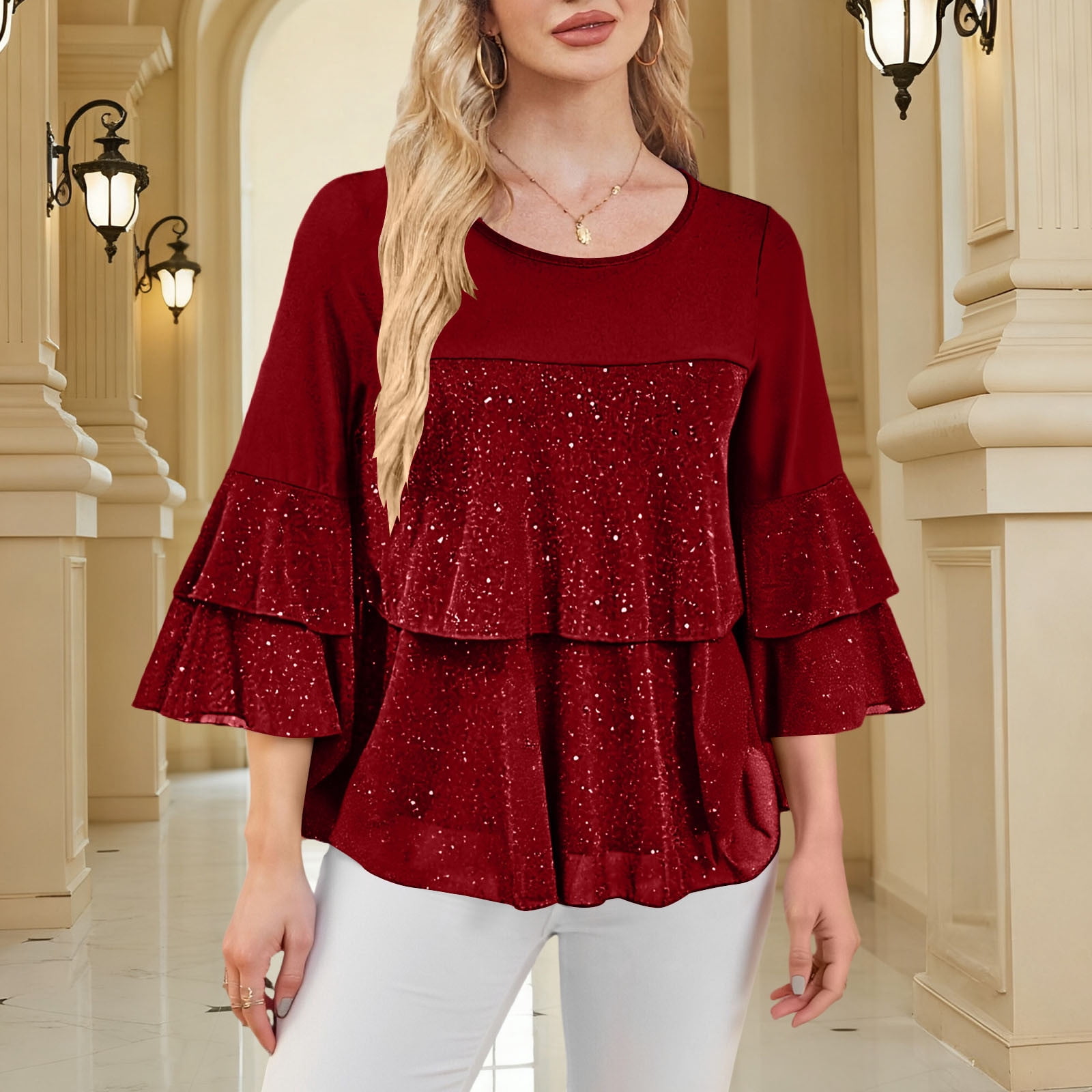 Dianli Party Evening Womens Sparkling Ruffle 3/4 Sleeve Round-Neck ...