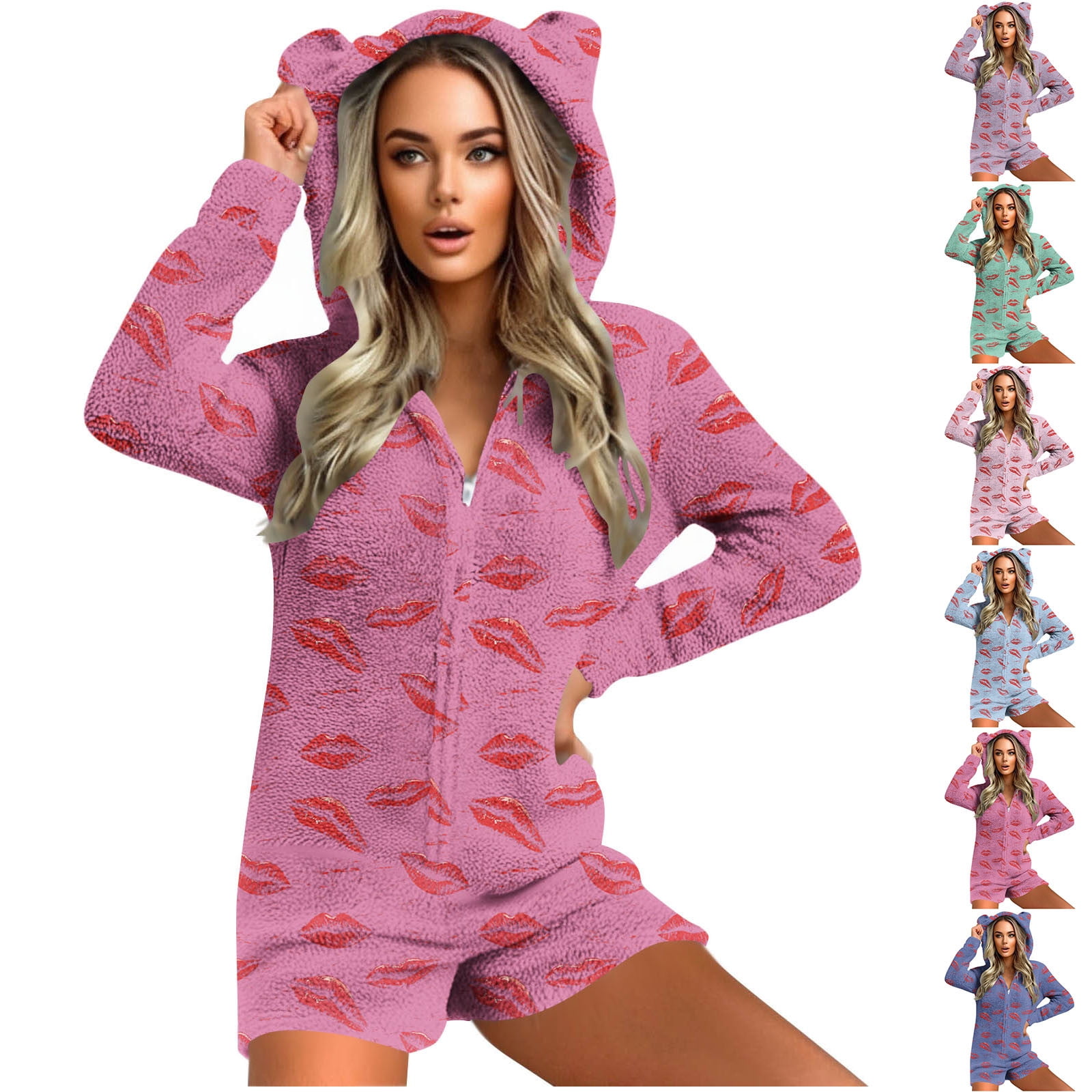 Dianli Printed Hooded Onesie Cozy Ear Zipper Jumpsuit Women's Warm Long ...