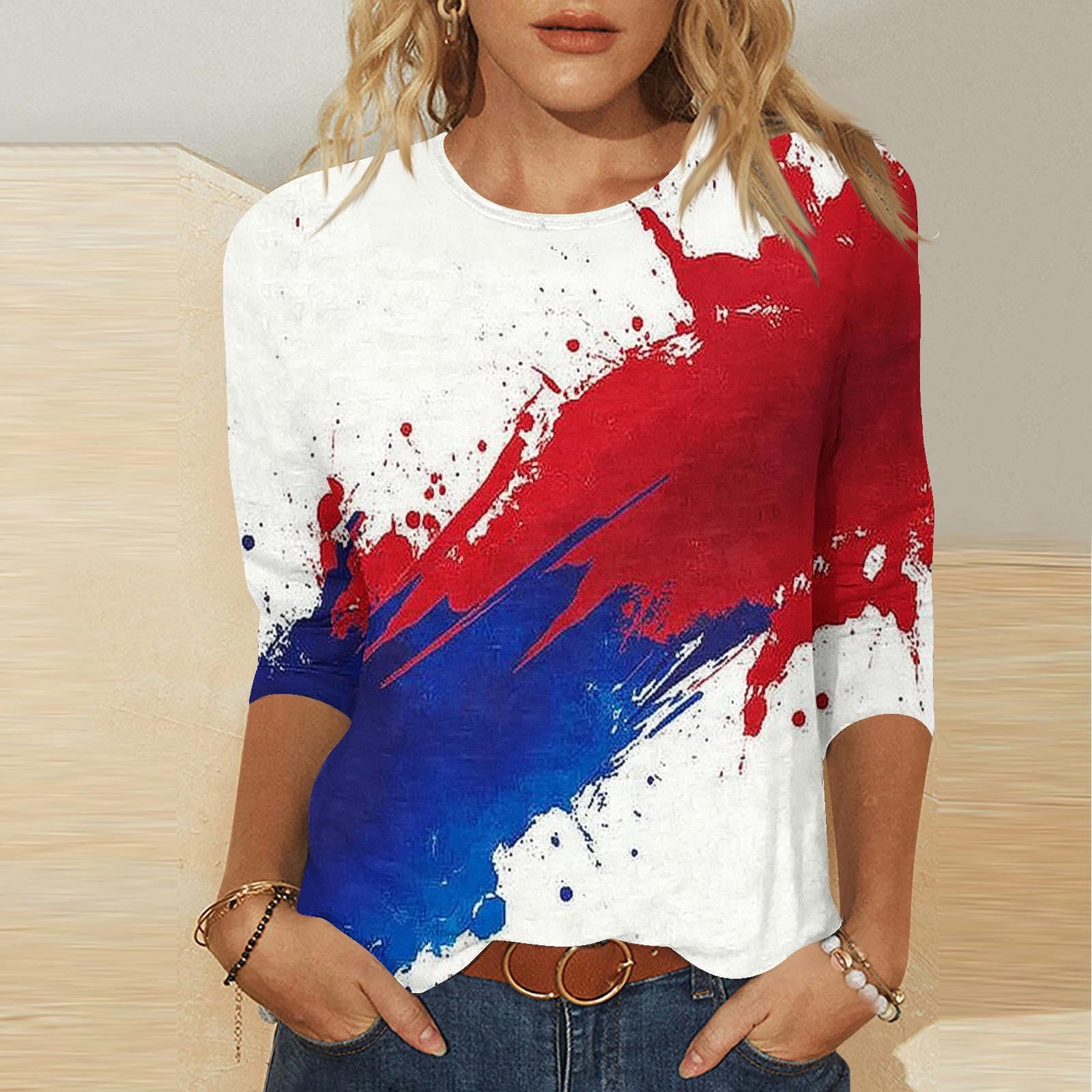 Dianli Star Stripes Patriotic Womens Tops Fashion Crew Neck Summer Beach Loose Fit 3/4 Sleeve ...