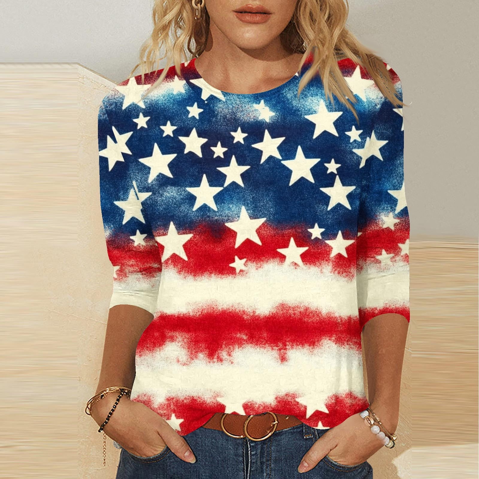 Dianli Star Stripes Patriotic Womens Summer Tops Fashion Crew Neck Basic Summer Beach Loose Fit ...
