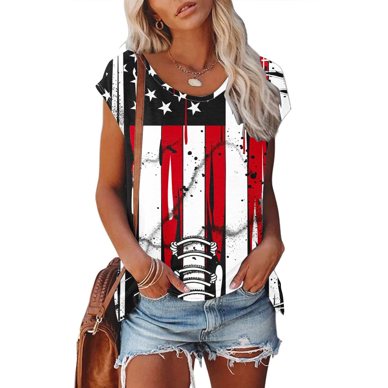 Dianli Red White Blue USA Flag Womens Summer Tops Tunic Crew Neck Summer Beach Loose Fit 3/4 ...