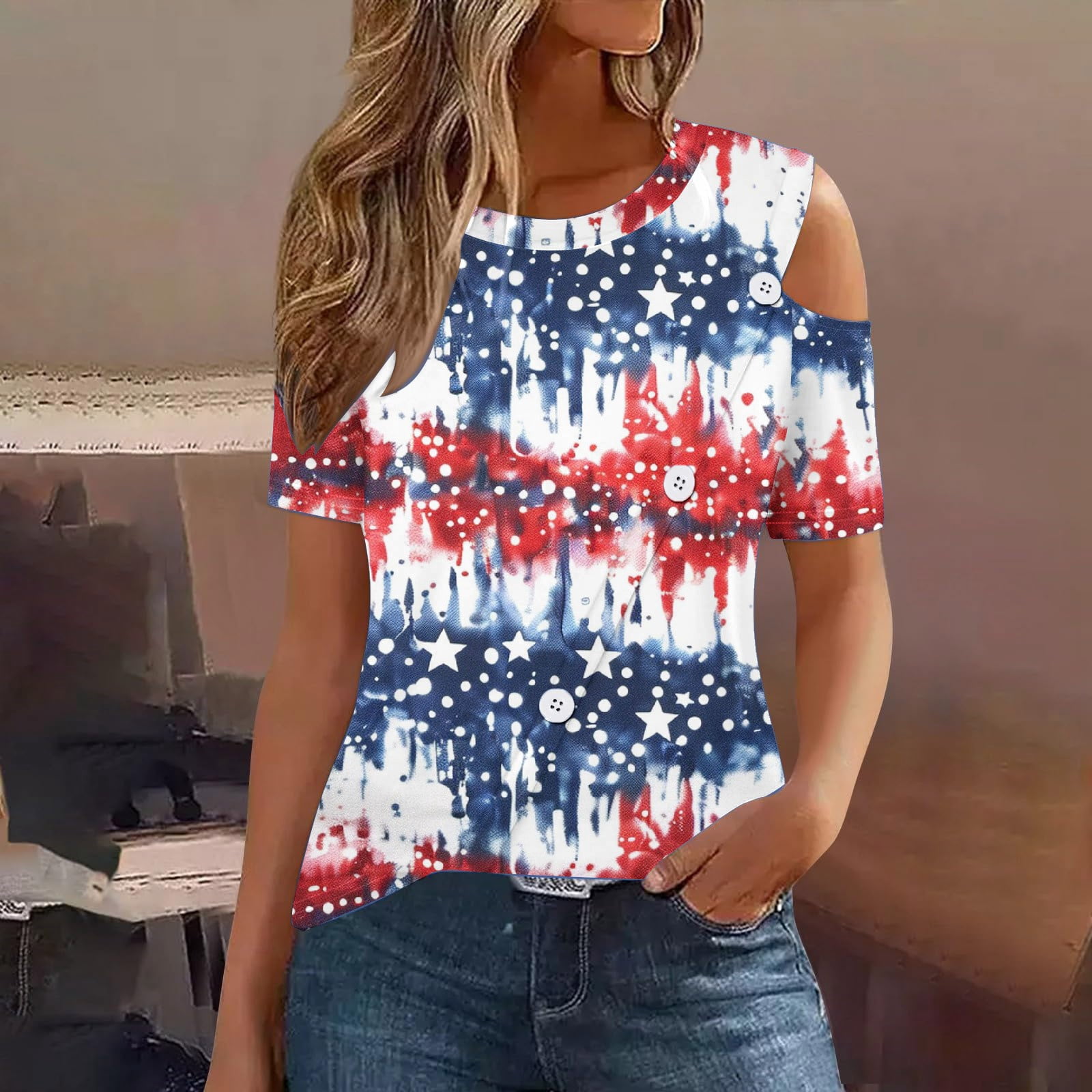 Dianli Red White Blue USA Flag Womens Tops Off Shoulder Crew Neck Basic ...
