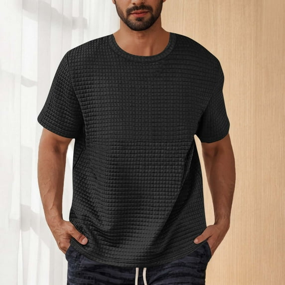 Dianli Men's Short Sleeve Waffle Knit T-Shirt Casual Solid Color Round ...