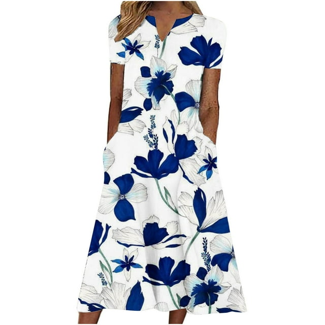 Dianli Short Sleeve V Neck Maxi Floral Print Summer Dresses Pocket