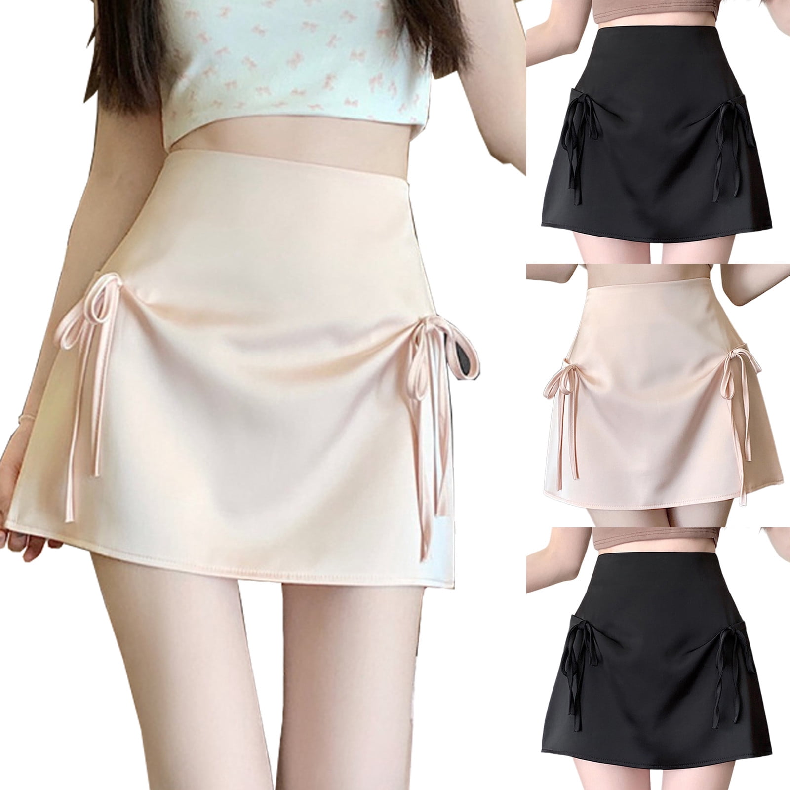 Dianli Skirt Skort Women's Satin High Waist A Line Hip Skirt Bow Strap ...