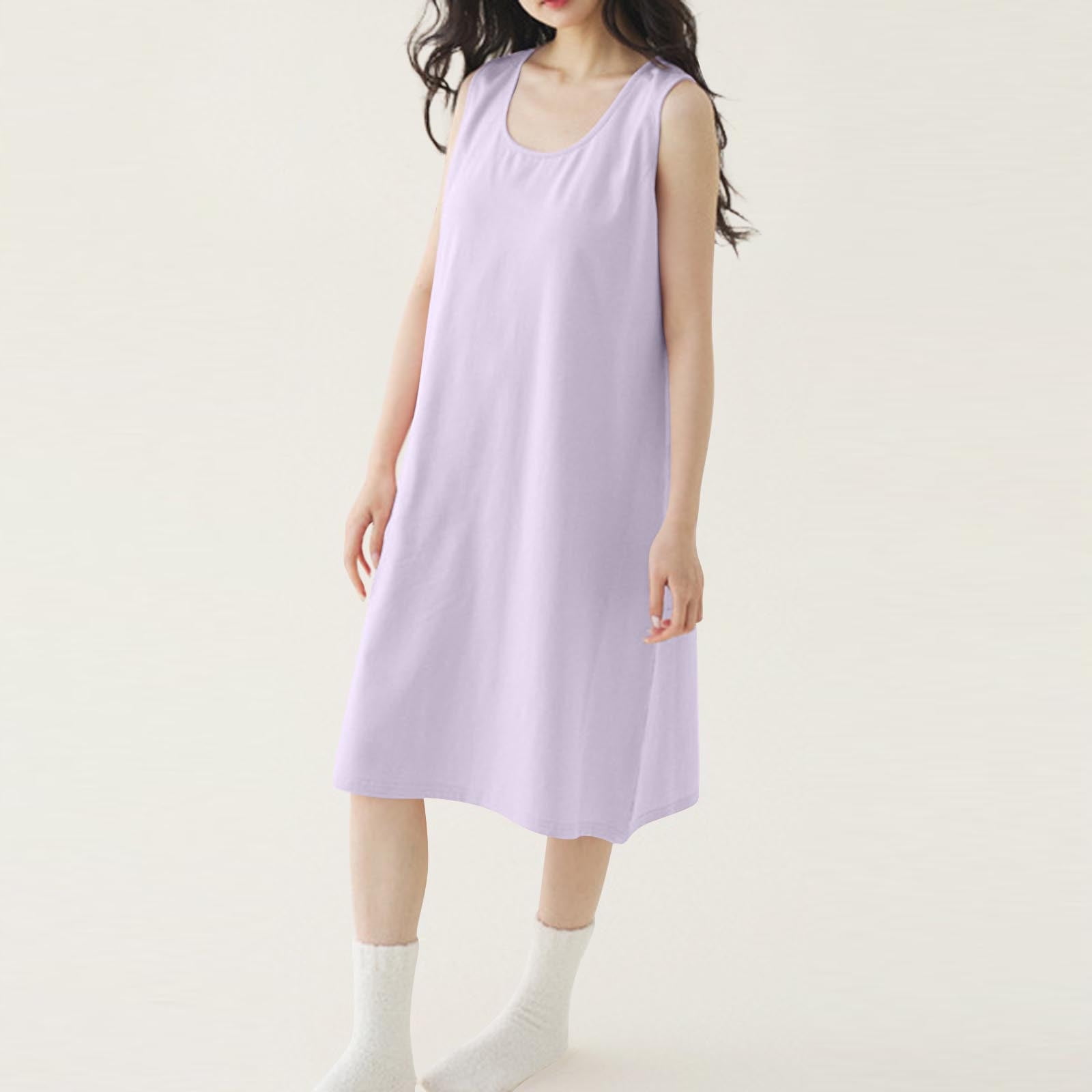 Dianli Solid Color Sleeveless Nightgown for Women Round Neck Long Casual Sleep Shirt with Chest ...