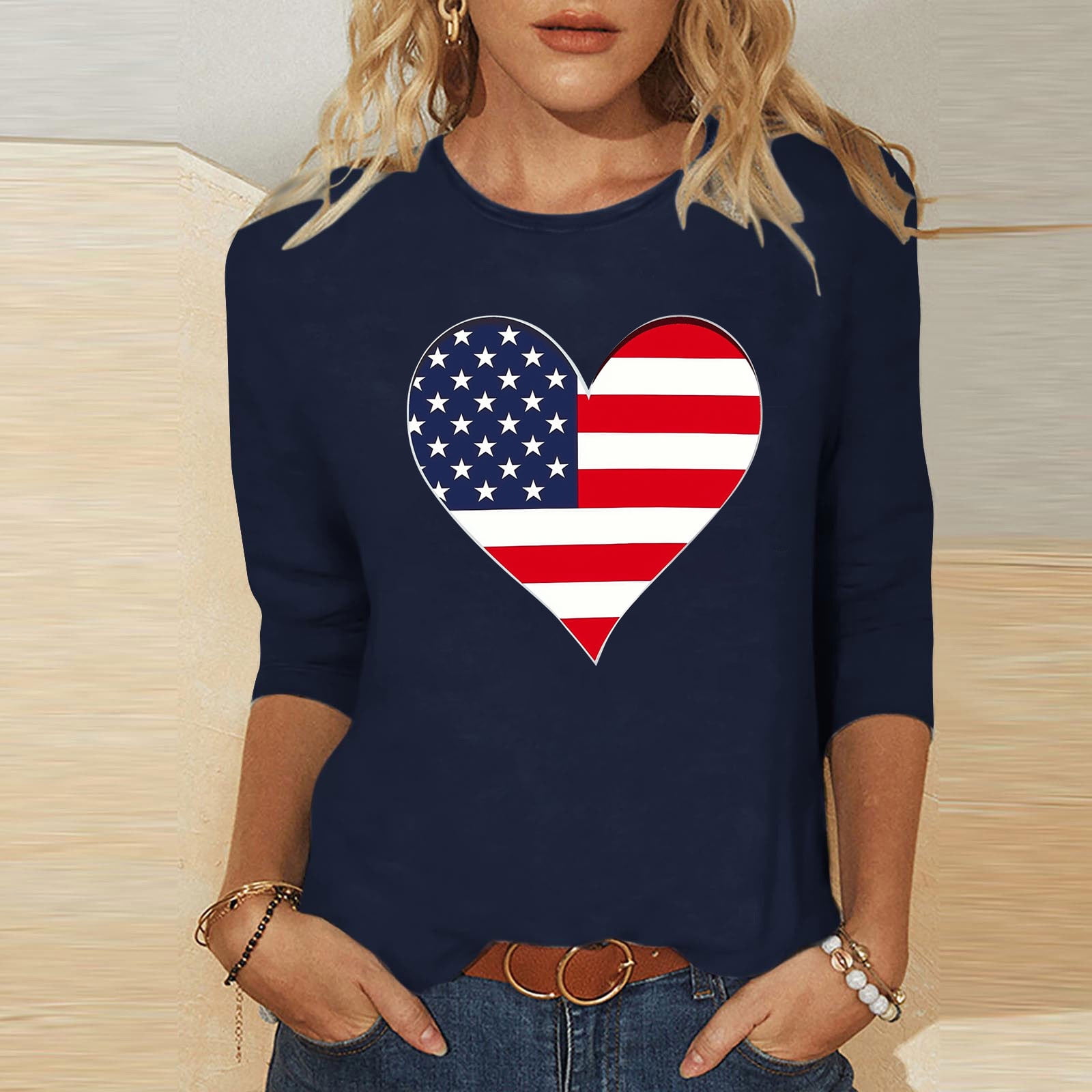 Dianli Red White Blue USA Flag Summer Tops for Women 2025 T-Shirts Crew Neck Summer Beach Loose ...