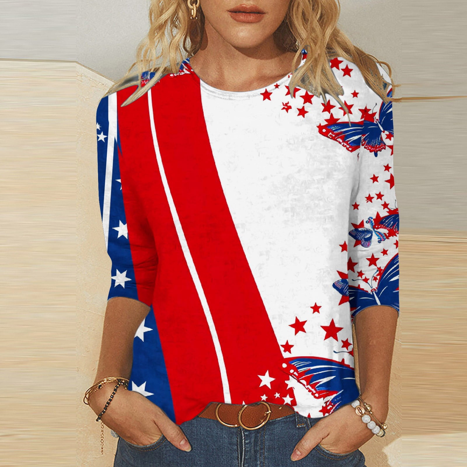 Dianli Star Stripes Patriotic Womens Summer Tops T-Shirts Crew Neck Summer Beach Vacation Loose ...