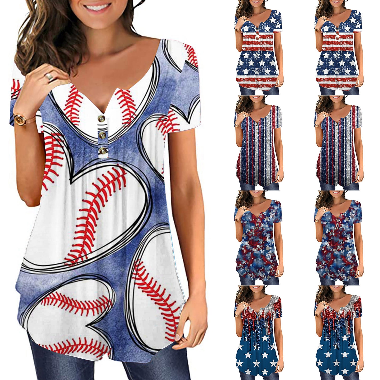 Dianli Star Stripes Patriotic Womens Tops Button V Neck Basic Summer ...