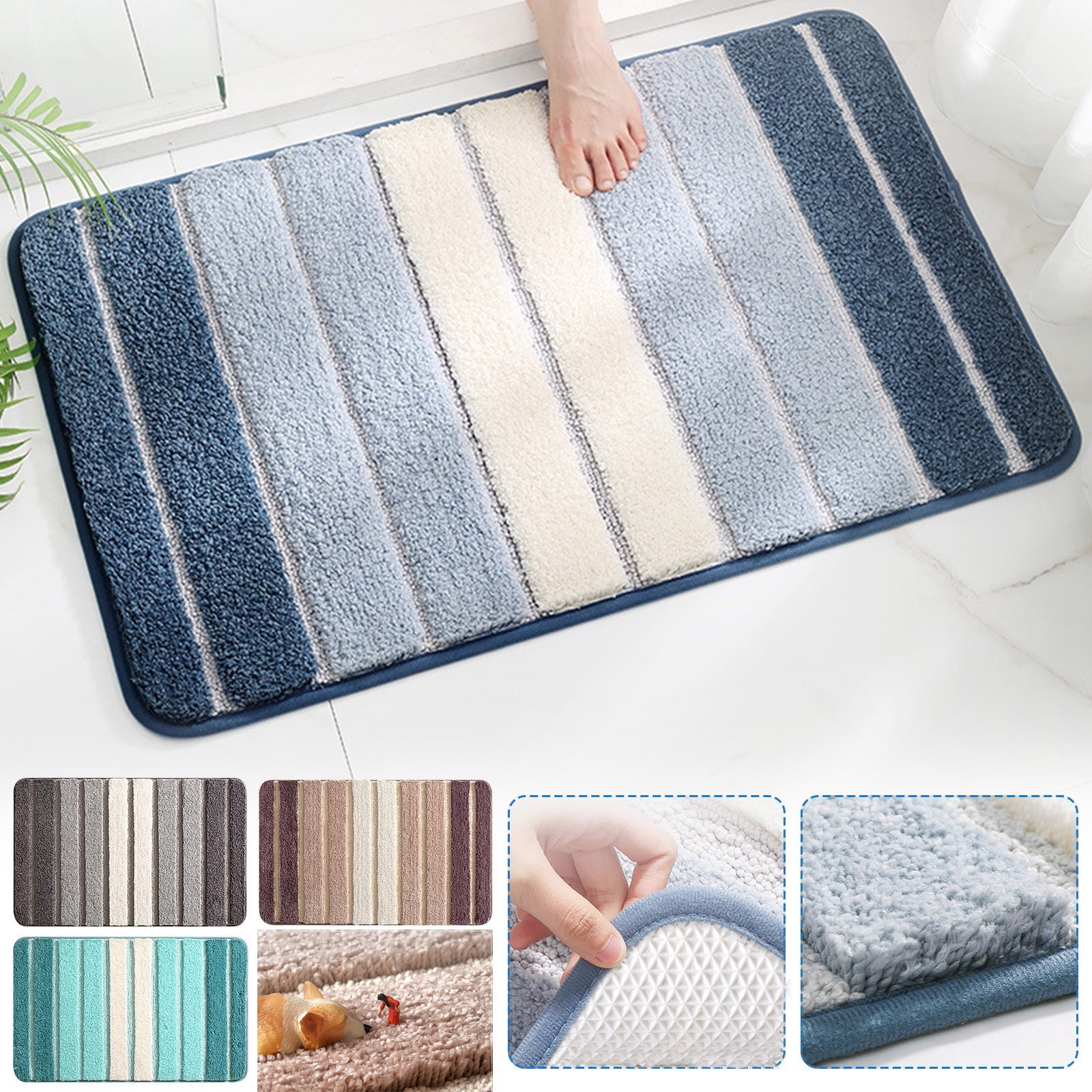 Dianli Striped Absorbent Non-Slip Bath Mat 19.7x31.5in Microfiber Door ...