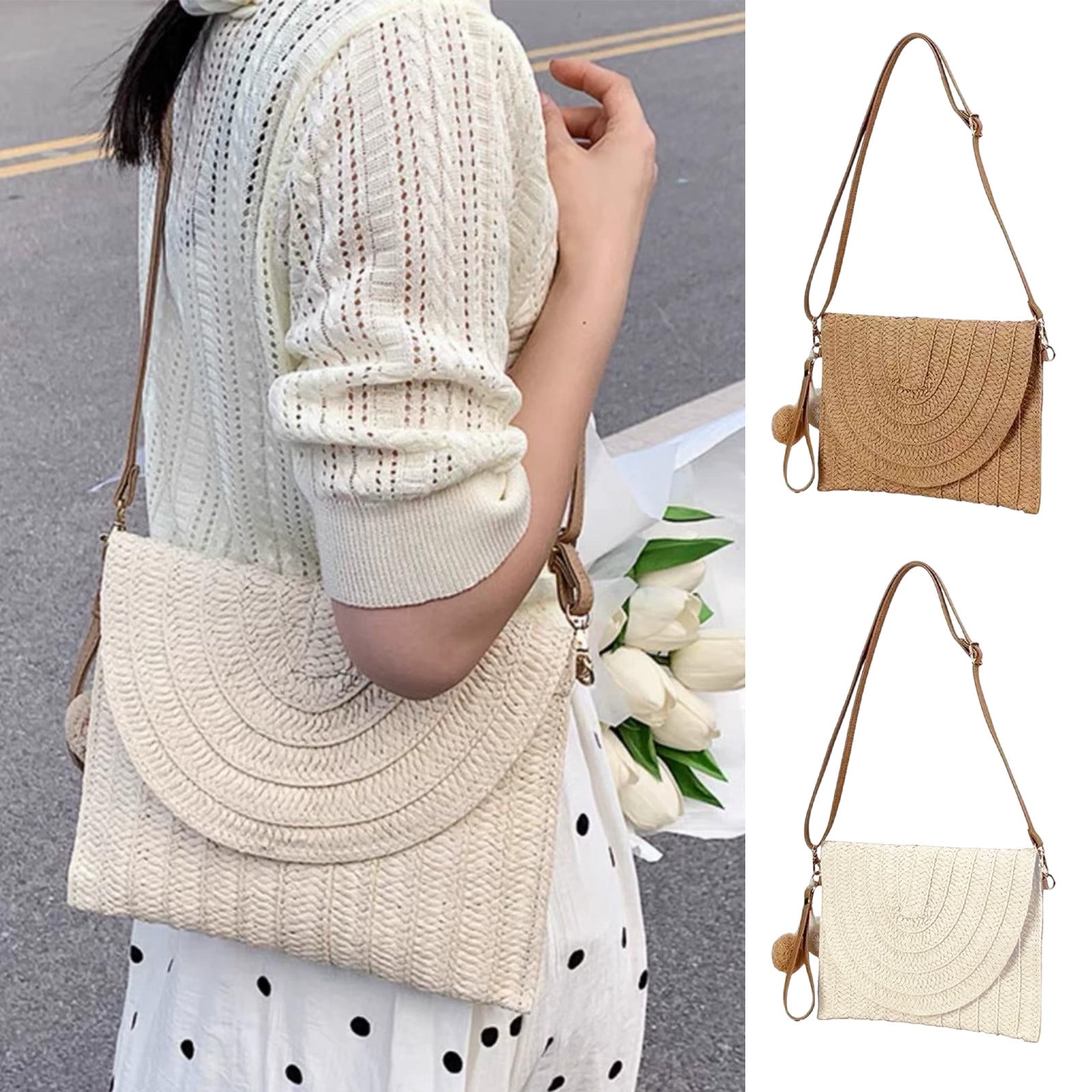 Dianli Striped Rectangular Straw Bag Faux Woven Casual Vacation ...