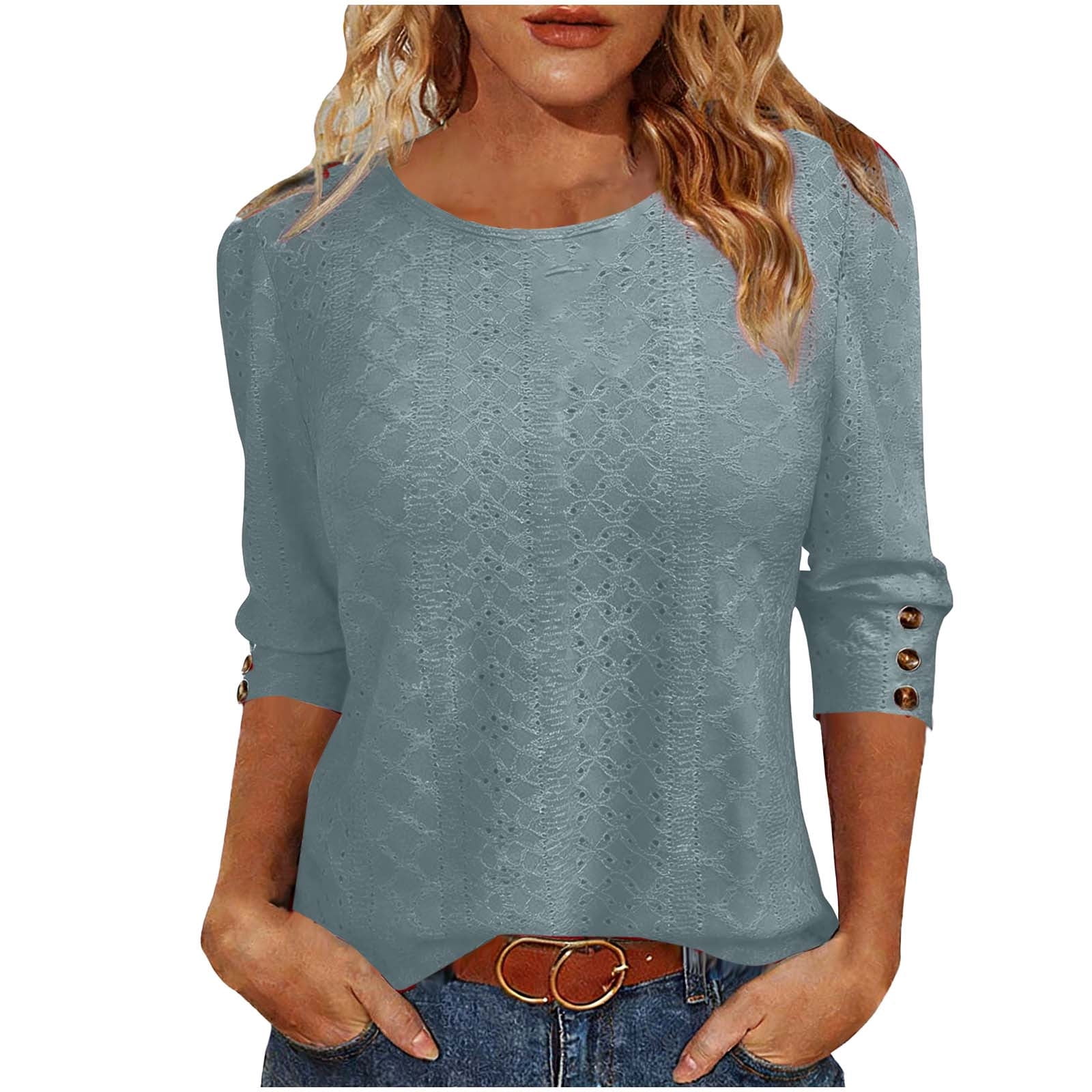 Dianli Summer Casual Top Women's 3/4-Sleeve Lock Button Solid Color ...