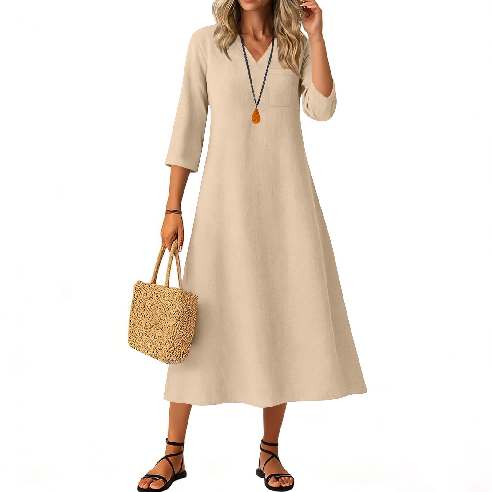 Dianli Summer Casual Women's V-Neck Zipper Pocket Dress Solid Color ...