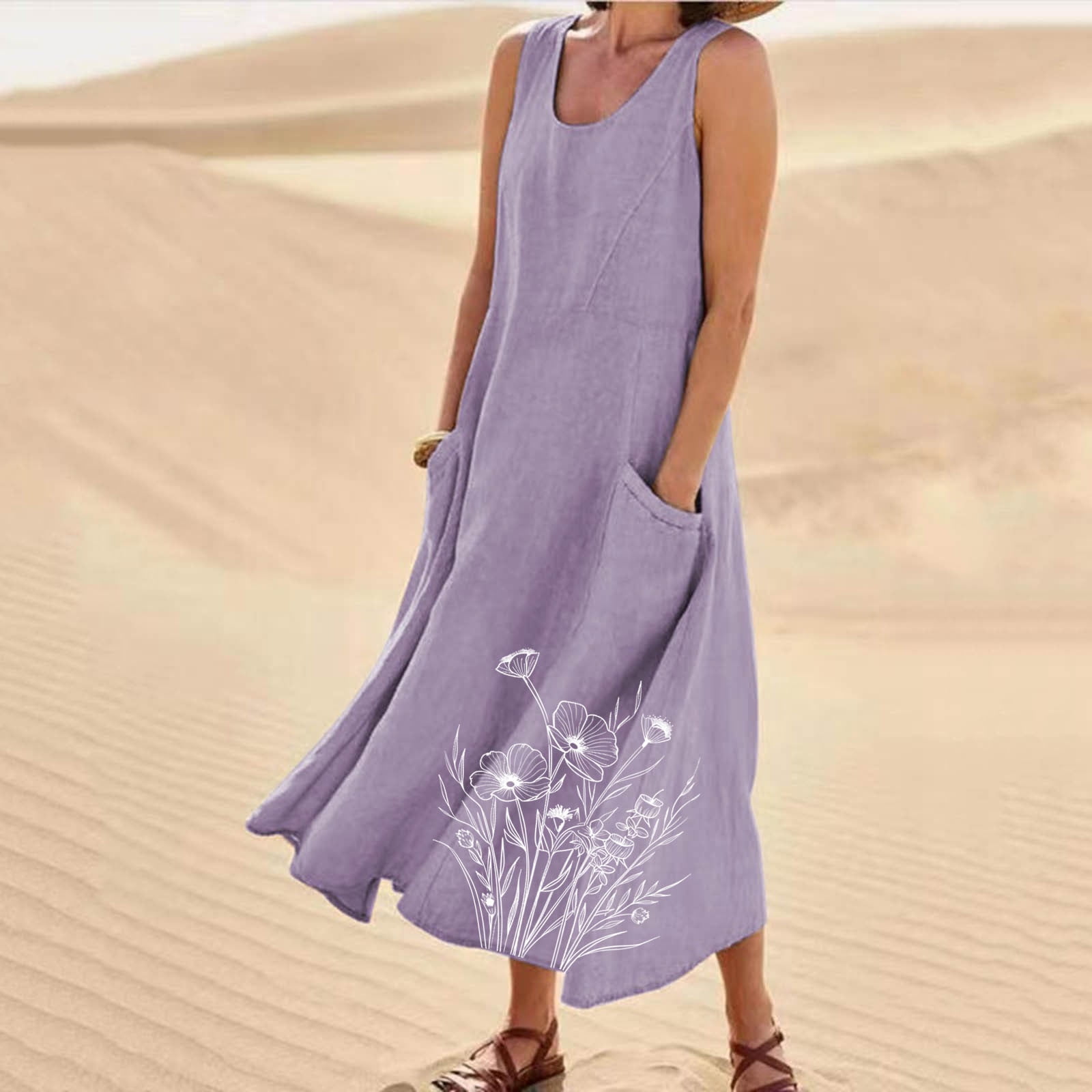 Dianli Summer Dress Women's Sleeveless Round-Neck Pocket Imitation ...