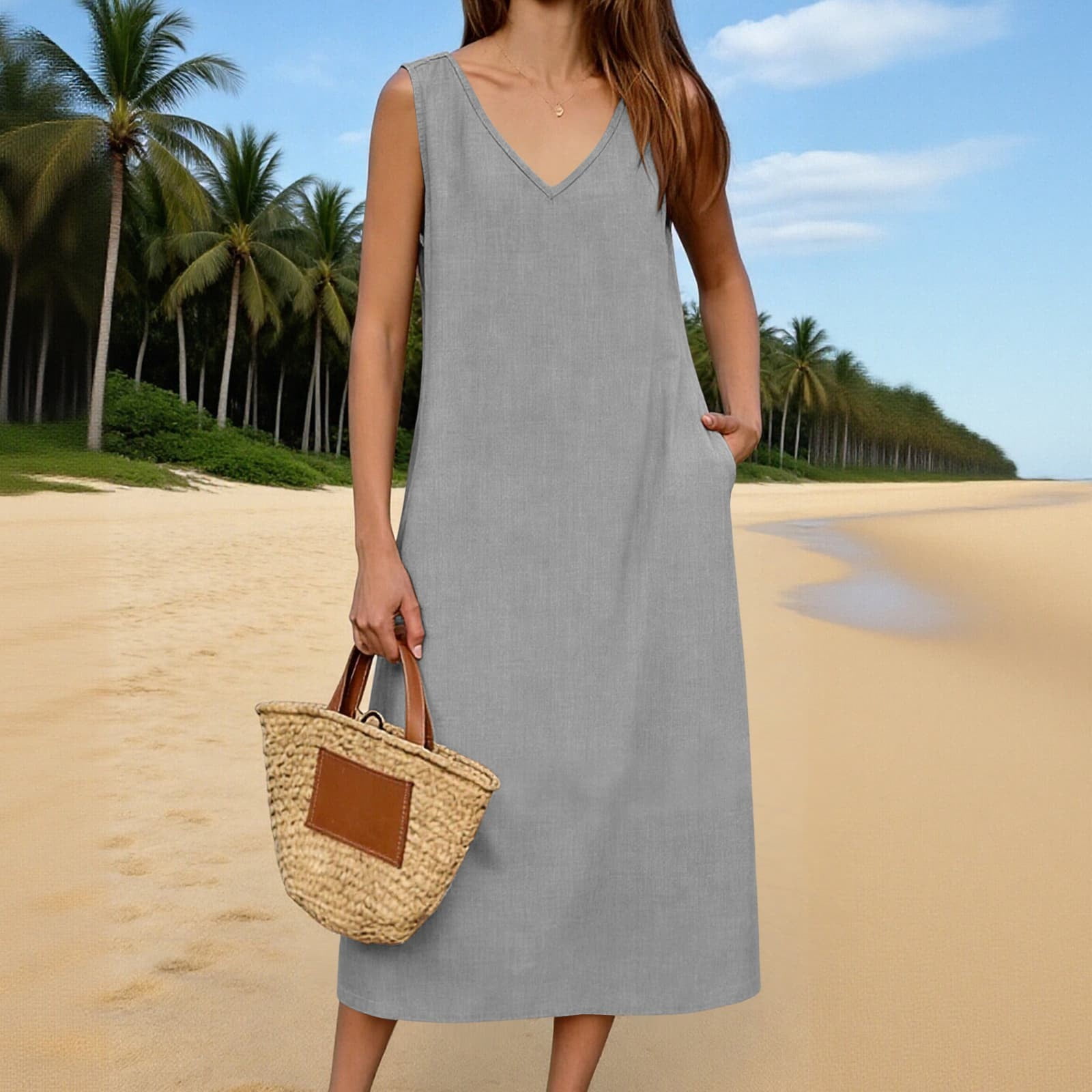 Dianli Summer Linen Dress Women's Loose V-Neck A-Line Tunic With Side ...