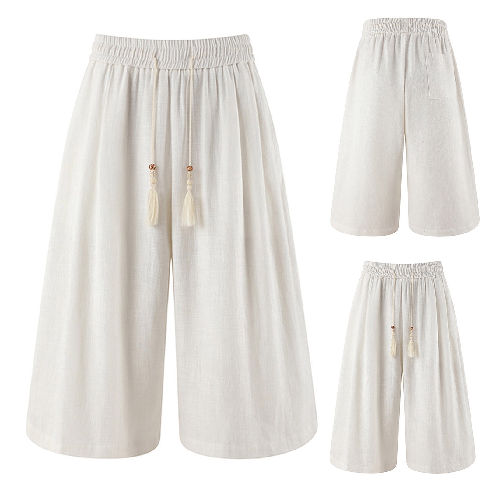 Dianli Summer Men's Casual Linen Blend Wide-Leg Drawstring Cropped ...